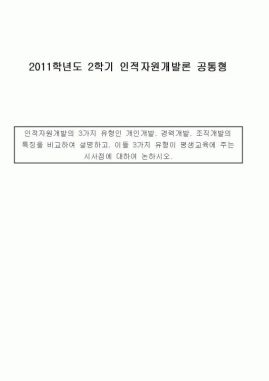 2011년 2학기 인적자원개발론 중간시험과제물 공통(개인개발, 경력개발, 조직개발의 특징)-1페이지