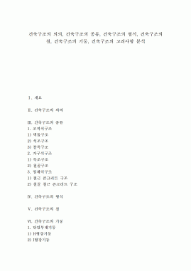 [건축구조][건축구조의 형식][건축구조의 철][건축구조의 기둥][건축구조의 고려사항]건축구조의 의의, 건축구조의 종류, 건축구조의 형식, 건축구조의 철, 건축구조의 기둥, 건축구조의 고려사항 분석-1페이지