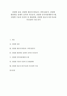 산업별 성장, 산업별 생산지수변동과 스펙트럼분석, 산업별 생산변동 총체적 충격과 부문충격, 산업별 인적자원개발시스템, 산업별 수출과 인건비 및 환율변화, 산업별 정보시스템 비교와 추진전략 수립 분석-1페이지