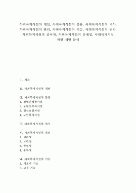 사회복지시설의 개념, 사회복지시설의 분류, 사회복지시설의 역사, 사회복지시설의 원리, 사회복지시설의 기능, 사회복지시설의 위탁, 사회복지시설의 종사자, 사회복지시설의 문제점, 사회복지시설 관련 제언-1페이지