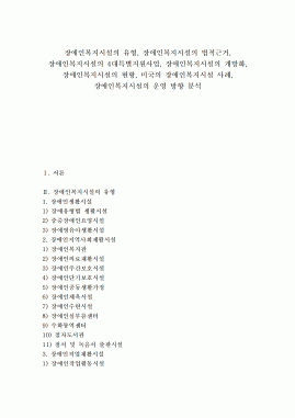 장애인복지시설의 유형, 장애인복지시설의 법적근거, 장애인복지시설의 4대특별지원사업, 장애인복지시설의 개방화, 장애인복지시설의 현황, 미국의 장애인복지시설 사례, 장애인복지시설의 운영 방향 분석-1페이지