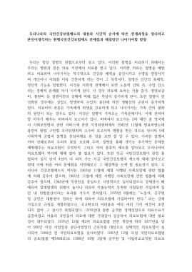 우리나라의 국민건강보험제도의 내용과 시간적 순서에 따른 전개과정을 정리하고 본인이생각하는 현행국민건강보험제도 문제점과 해결방안 나아가야할 방향-1페이지