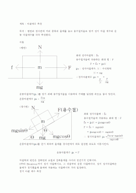 마찰계수 측정 - 평면과 경사면에 여러 종류의 물체를 놓고 용수철저울로 당겨 정지 마찰 계수와 운동 마찰계수를 각각 측정한다-1페이지