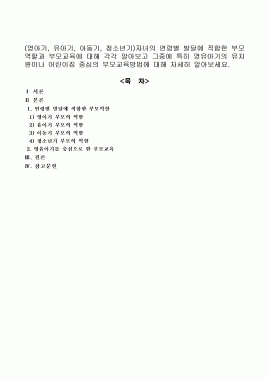 (영아기, 유아기, 아동기, 청소년기)자녀의 연령별 발달에 적합한 부모역할과 부모교육에 대해 각각 알아보고 그중에 특히 영유아기의 유치원이나 어린이집 중심의 부모교육방법에 대해 자세히 알아보세요.-1페이지