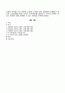 노화의 영역별 주요 이론이 노화와 노인을 어떤 관점에서 이해하고 있으며 노인문제에 대한 시각은 무엇인지를 알아보고 각각의 이론이 지니는 한계와 이를 보완할 수 있는 방안을 모색해 보세요-1페이지