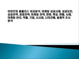 이마트와 홈플러스 비교분석(E-MART 와 Home plus), 마케팅 성공사례, 성공요인, 성공전략, 경영전략, 마케팅 전략, 변화, 특징, 현황, 사례, 마케팅 관리, 역할, 기법, 시사점, 나의견해, 총체적 조사분석-1페이지