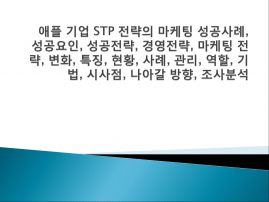 애플 기업 STP 전략의 마케팅 성공사례, 성공요인, 성공전략, 경영전략, 마케팅 전략, 변화, 특징, 현황, 사례, 관리, 역할, 기법, 시사점, 나아갈 방향, 조사분석-1페이지