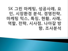 SK 그린 마케팅, 성공사례, 요인, 시장환경 분석, 경영전략, 마케팅 믹스, 특징, 현황, 사례, 역할, 전략, 시사점, 나아갈 방향, 조사분석-1페이지