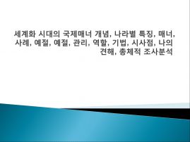 세계화 시대의 국제매너 개념, 나라별 특징, 매너, 사례, 예절, 예절, 관리, 역할, 기법, 시사점, 나의견해, 총체적 조사분석-1페이지