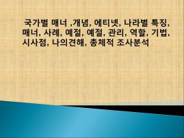 국가별 매너 ,개념, 에티켓, 나라별 특징, 매너, 사례, 예절, 예절, 관리, 역할, 기법, 시사점, 나의견해, 총체적 조사분석-1페이지