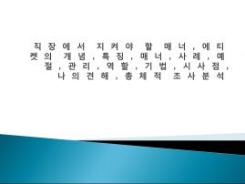 직장에서 지켜야 할 매너, 에티켓의 개념, 특징, 매너, 사례, 예절, 관리, 역할, 기법, 시사점, 나의견해, 총체적 조사분석-1페이지