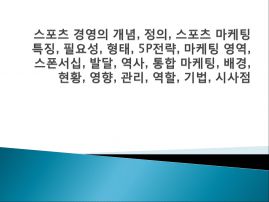 스포츠 경영의 개념, 정의, 스포츠 마케팅 특징, 필요성, 형태, 5P전략, 마케팅 영역, 스폰서십, 발달, 역사, 통합 마케팅, 배경, 현황, 영향, 관리, 역할, 기법, 시사점-1페이지