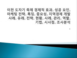 이천 도자기 축제 경제적 효과, 성공 요인, 마케팅 전략, 특징, 중요성, 지역경제 개발사례, 유래, 전략, 현황, 사례, 관리, 역할, 기법, 시사점, 조사분석-1페이지