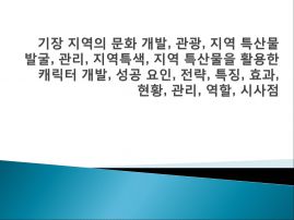 기장 지역의 문화 개발, 관광, 지역 특산물 발굴, 관리, 지역특색, 지역 특산물을 활용한 캐릭터 개발, 성공 요인, 전략, 특징, 효과, 현황, 관리, 역할, 시사점-1페이지