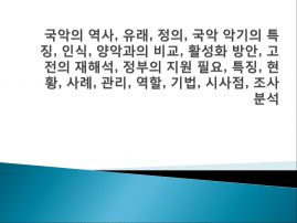 국악의 역사, 유래, 정의, 국악 악기의 특징, 인식, 양악과의 비교, 활성화 방안, 고전의 재해석, 정부의 지원 필요, 특징, 현황, 사례, 관리, 역할, 기법, 시사점, 조사분-1페이지