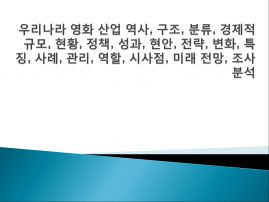 우리나라 영화 산업 역사, 구조, 분류, 경제적 규모, 현황, 정책, 성과, 현안, 전략, 변화, 특징, 사례, 관리, 역할, 시사점, 미래 전망, 조사분석-1페이지