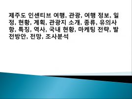 제주도 인센티브 여행, 관광, 여행 정보, 일정, 현황, 계획, 관광지 소개, 종류, 유의사항, 특징, 역사, 국내 현황, 마케팅 전략, 발전방안, 전망, 조사분-1페이지