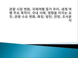 관광 시장 변화, 국제여행 증가 추이, 세계 여행 주요 목적지, 국내 사례, 영향을 미치는 요인, 관광 수요 변화, 특징, 방안, 전망, 조사분석-1페이지