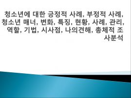 청소년에 대한 긍정적 사례, 부정적 사례, 청소년 매너, 변화, 특징, 현황, 사례, 관리, 역할, 기법, 시사점, 나의견해, 총체적 조사분석-1페이지