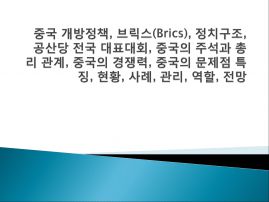 중국 개방정책, 브릭스(Brics), 정치구조, 공산당 전국 대표대회, 중국의 주석과 총리 관계, 중국의 경쟁력, 중국의 문제점 특징, 현황, 사례, 관리, 역할, 전망-1페이지