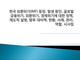 한국 외환위기(IMF) 등장, 발생 원인, 글로벌 금융위기, 외환위기, 경제위기에 대한 정책, 제도적 설명, 향후 대비책, 현황, 사례, 관리, 역할, 시사점-1페이지