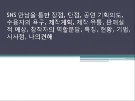 SNS 만남을 통한 장점, 단점, 공연 기획의도, 수용자의 욕구, 제작계획, 제작 유통, 판매실적 예상, 창작자의 역할분담, 특징, 현황, 기법, 시사점, 나의견해-1페이지