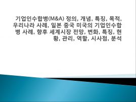 기업인수합병(M&A) 정의, 개념, 특징, 목적, 우리나라 사례, 일본 중국 미국의 기업인수합병 사례, 향후 세계시장 전망, 변화, 특징, 현황, 관리, 역할, 시사점, 분석-1페이지