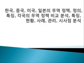 한국, 중국, 미국, 일본의 무역 정책, 정의, 특징, 각국의 무역 정책 비교 분석, 특징, 현황, 사례, 관리, 시사점 분석-1페이지