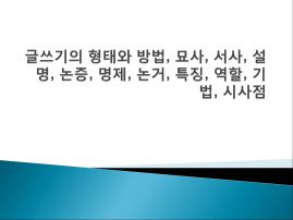 글쓰기의 형태와 방법, 묘사, 서사, 설명, 논증, 명제, 논거, 특징, 역할, 기법, 시사점-1페이지