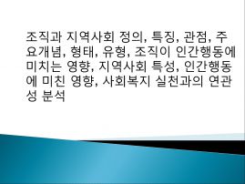 조직과 지역사회 정의, 특징, 관점, 주요개념, 형태, 유형, 조직이 인간행동에 미치는 영향, 지역사회 특성, 인간행동에 미친 영향, 사회복지 실천과의 연관성 분석-1페이지