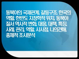 동북아의 국제관계, 갈등구조, 한국의 역할, 한반도 지정학적 위치, 동북아 질서 역사적 변화, 대응, 대책, 특징, 사례, 관리, 역할, 시사점, 나의견해, 총체적 조사분석-1페이지