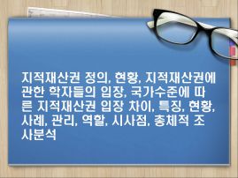 지적재산권 정의, 현황, 지적재산권에 관한 학자들의 입장, 국가수준에 따른 지적재산권 입장 차이, 특징, 현황, 사례, 관리, 역할, 시사점, 총체적 조사분석-1페이지