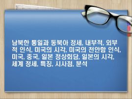 남북한 통일과 동북아 정세, 내부적, 외부적 인식, 미국의 시각, 미국의 천안함 인식, 미국, 중국, 일본 정상회담, 일본의 시각, 세계 정세, 특징, 시사점, 분석-1페이지