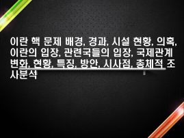 이란 핵 문제 배경, 경과, 시설 현황, 의혹, 이란의 입장, 관련국들의 입장, 국제관계 변화, 현황, 특징, 방안, 시사점, 총체적 조사분석-1페이지