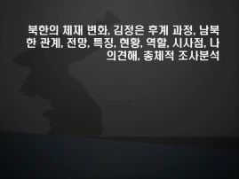 북한의 체재 변화, 김정은 후계 과정, 남북한 관계, 전망, 특징, 현황, 역할, 시사점, 나의견해, 총체적 조사분석-1페이지