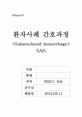 [환자사례 간호과정 - NSICU 실습] 지주막하 출혈 (Subarachnoid Hemorrhage; SAH) 케이스-1페이지