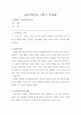 정신건강과 간호 과제 : 청소년, 중년, 노인 중 하나를 선택하여 우리나라의 자살 실태 및 현황에 대해 기술하고, 자살예방을 위한 가능한 정책 및 방안에 대해 논하시오. -1페이지