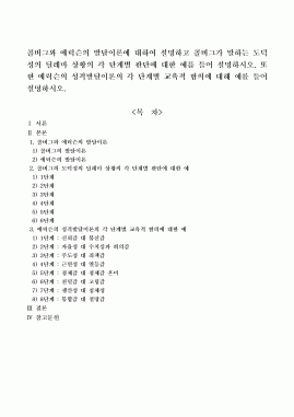 콜버그와 에릭슨의 발달이론에 대하여 설명하고 콜버그가 말하는 도덕성의 딜레마 상황의 각 단계별 판단에 대한 예를 들어 설명. 또한 에릭슨의 성격발달이론의 각 단계별 교육적 함의에 대해 예를 들어 설명-1페이지