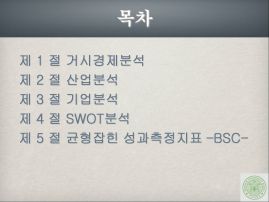 BSC 사례 경영분석 - 거시경제분석, 산업분석, 기업분석, SWOT분석, 성과측정지표.ppt-1페이지