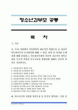 (청소년과부모) 1.다문화가족의 증가현상 원인 당면한 문제점 다문화가족 자녀양육 부모의 역할과 다문화가족 부모교육의 방향성 2.청소년기 발달특징 청소년기발달과업 부모역할-1페이지