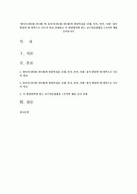 영아기(만0세~만2세) 와 유아기(만3세~만5세)의 발달특성을 신체, 인지, 언어, 사회-정서 발달의 네 영역으로 나누어 비교 설명하고 각 발달영역에 맞는 교수학습방법을 1가지씩 예를 들어보시오-1페이지