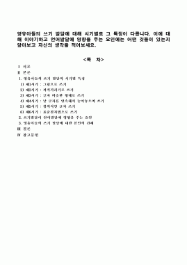 영유아들의 쓰기 발달에 대해 시기별로 그 특징이 다릅니다. 이에 대해 이야기하고 언어발달에 영향을 주는 요인에는 어떤 것들이 있는지 알아보고 자신의 생각을 적어보세요.-1페이지