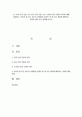 (1) 사회 속의 인간, (2) 인간 속의 사회, (3) 드라마로서의 사회의 의미에 대해 설명하고, 자신의 삶 혹은 최근의 사회현상 중에서 위 세 가지 개념에 해당되는 적절한 예를 들어 설명해 보시오-1페이지