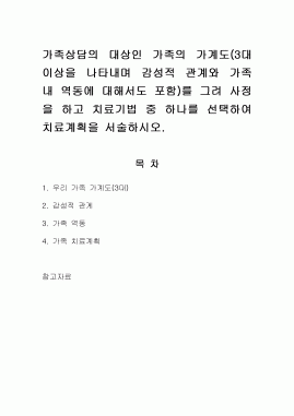 가족상담의 대상인 가족의 가계도(3대 이상을 나타내며 감성적 관계와 가족 내 역동에 대해서도 포함)를 그려 사정을 하고 치료기법 중 하나를 선택하여 치료계획을 서-1페이지