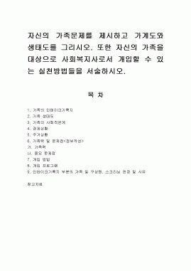 자신의 가족문제를 제시하고 가계도와 생태도를 그리시오. 또한 자신의 가족을 대상으로 사회복지사로서 개입할 수 있는 실천방법들을 서술.-1페이지