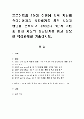 프로이드의 5단계 이론에 맞춰 자신의 유아기까지의 성장배경을 통한 성격과 원인을 분석하고 에릭슨의 8단계 이론 중 현재 자신의 발달단계를 찾고 필요한 핵심과제를 기술-1페이지