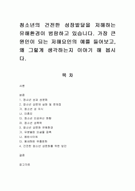 청소년의 건전한 성장발달을 저해하는 유해환경이 범람하고 있습니다. 가장 큰 원인이 되는 저해요인의 예를 들어보고, 왜 그렇게 생각하는지 이야기 해 봅시다.-1페이지