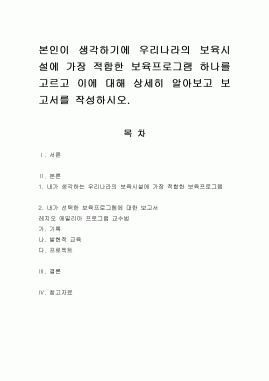 본인이 생각하기에 우리나라의 보육시설에 가장 적합한 보육프로그램 하나를 고르고 이에 대해 상세히 알아보고 보고서를 작성.-1페이지