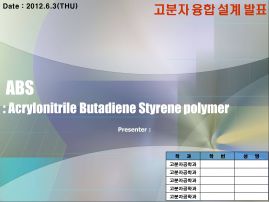 [ABS수지] Acrylonitrile Butadiene Styrene terpolymer 제조방법, 사용분야, 여러가지 용도별 물리적 성질.ppt-1페이지