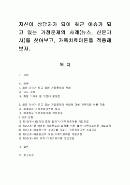 자신이 상담자가 되어 최근 이슈가 되고 있는 가정문제의 사례(뉴스, 신문기사)를 찾아보고, 가족치료이론을 적용해보자.-1페이지